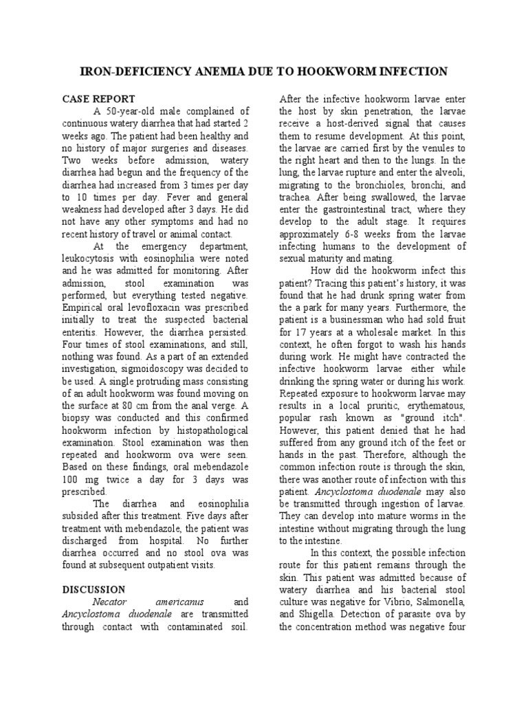 Iron-Deficiency Anemia Due To Hookworm Infection: Case Report | PDF ...