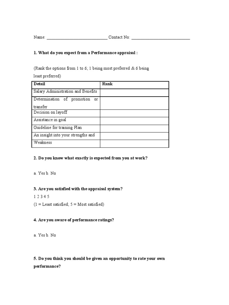 Performance Appraisal Questionnaire | PDF | Performance Appraisal ...