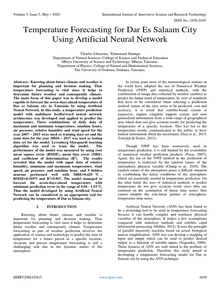 Temperature Forecasting For Dar Es Salaam City Using Artificial Neural Network PDF | PDF ...
