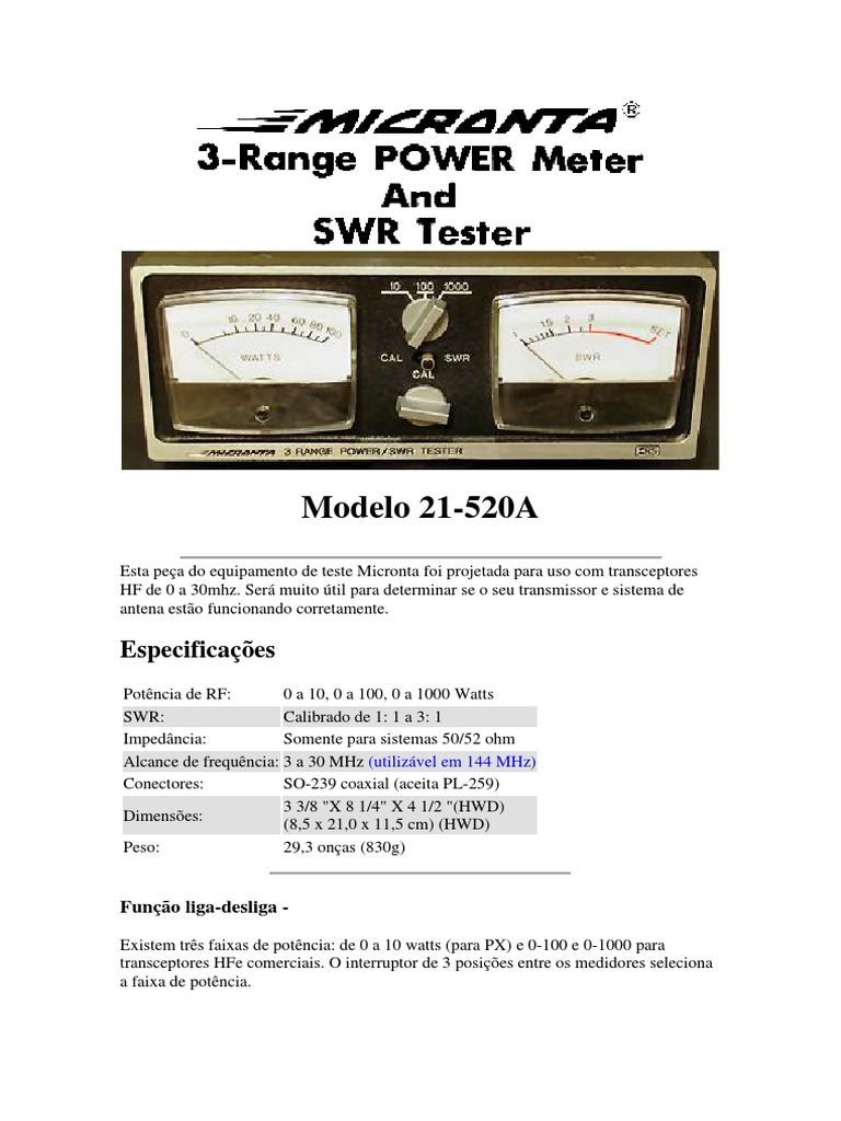 Micronta 520A SWR Meter | PDF | Antena (rádio) | Eletrônicos