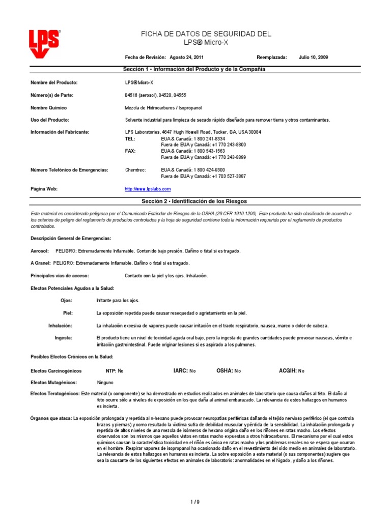 MSDS Micro-X Fast Evaporating Contac Cleaner | PDF | Combustión | Agua