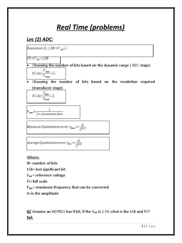 Real Time (problems) Lec (2) ADC: Resolution ( Q ) , LSB=V ref | PDF ...