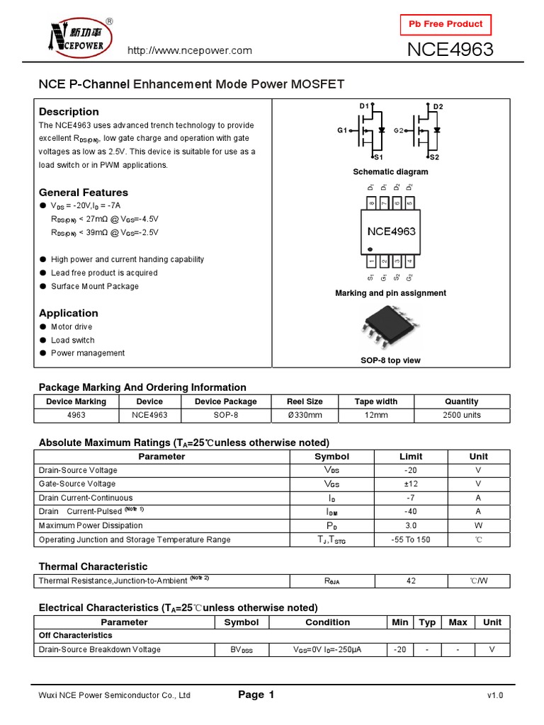 Enhancement Mode Power MOSFET: NCE P-Channel | PDF | Field Effect ...