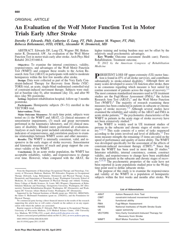An Evaluation of The Wolf Motor Function Test in Motor Trials Early ...