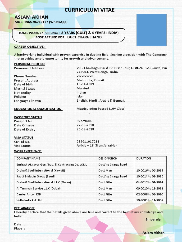 Curriculum Vitae: Aslam Akhan | PDF | Kuwait | Travel Visa