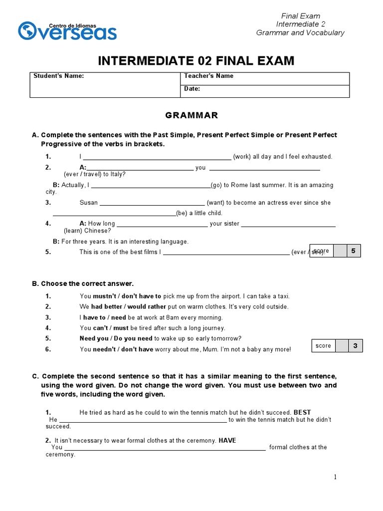 Intermediate 02 Final Exam: Grammar | PDF