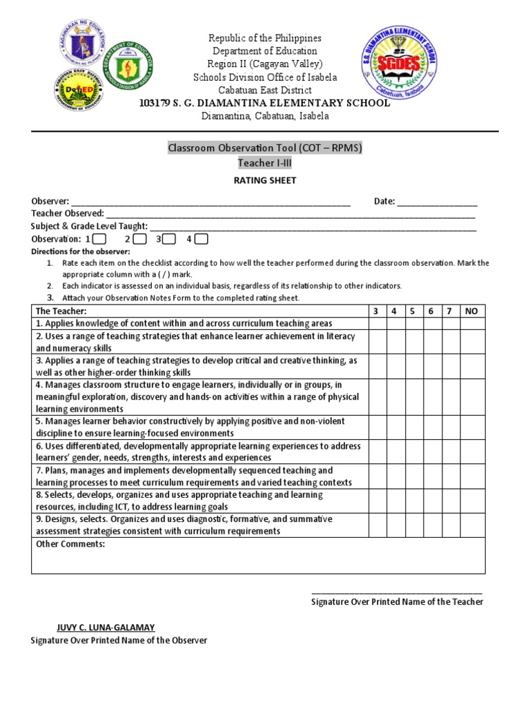 Classroom Observation Tool (COT - RPMS) Teacher I-III: 103179 S. G ...