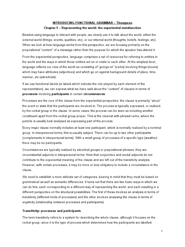 INTRODUCING FUNCTIONAL GRAMMAR - SUMMARY Thompson | PDF | Clause | Mind INTRODUCING FUNCTIONAL GRAMMAR - SUMMARY Thompson | PDF | Clause | Mind