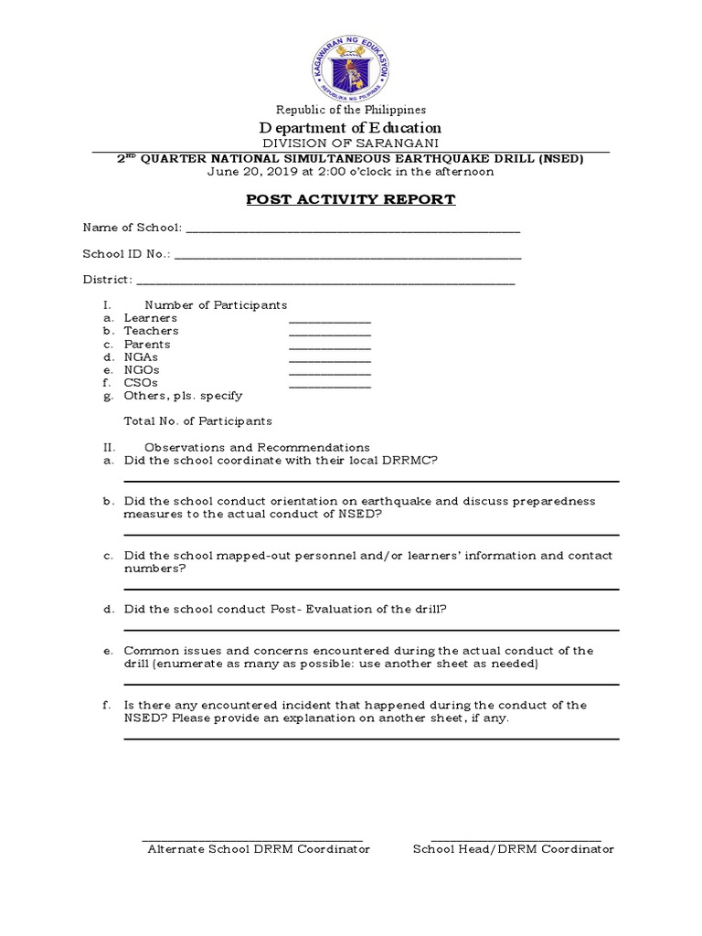 Post Activity Report: NSED Earthquake Drill | PDF | Science & Mathematics