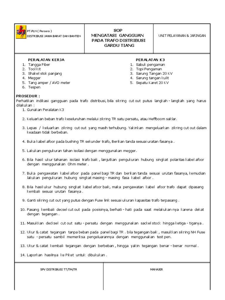 Sop Mengatasi Gangguan Trafo Distribusi | PDF