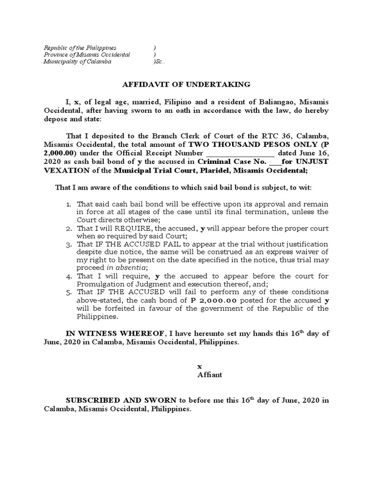 Affidavit of Undertaking - Bail | PDF