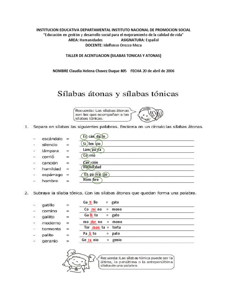 Taller de Acentuacion (Silabas Tonicas y Atonas) | PDF