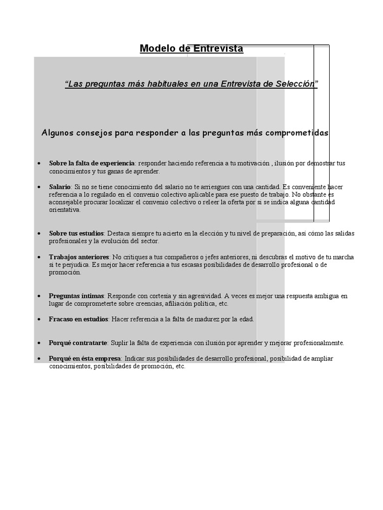Modelo de Entrevista: “Las preguntas más habituales en una Entrevista ...