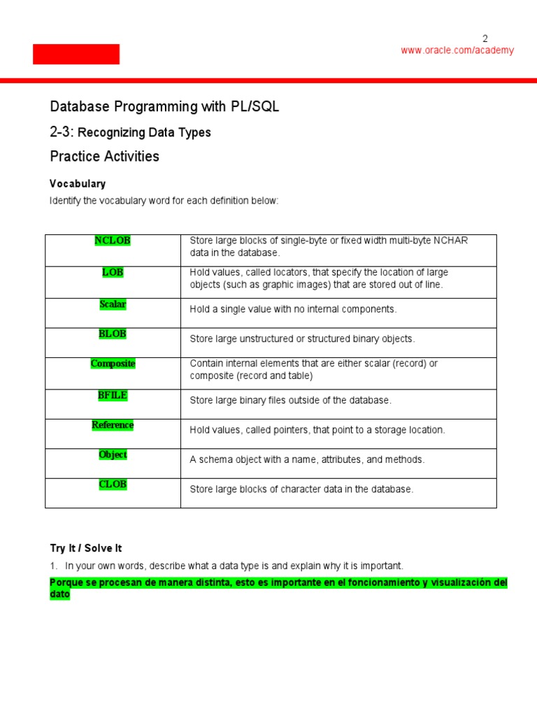 Database Programming With PL/SQL 2-3: Practice Activities: Recognizing Data Types | PDF | Data ...