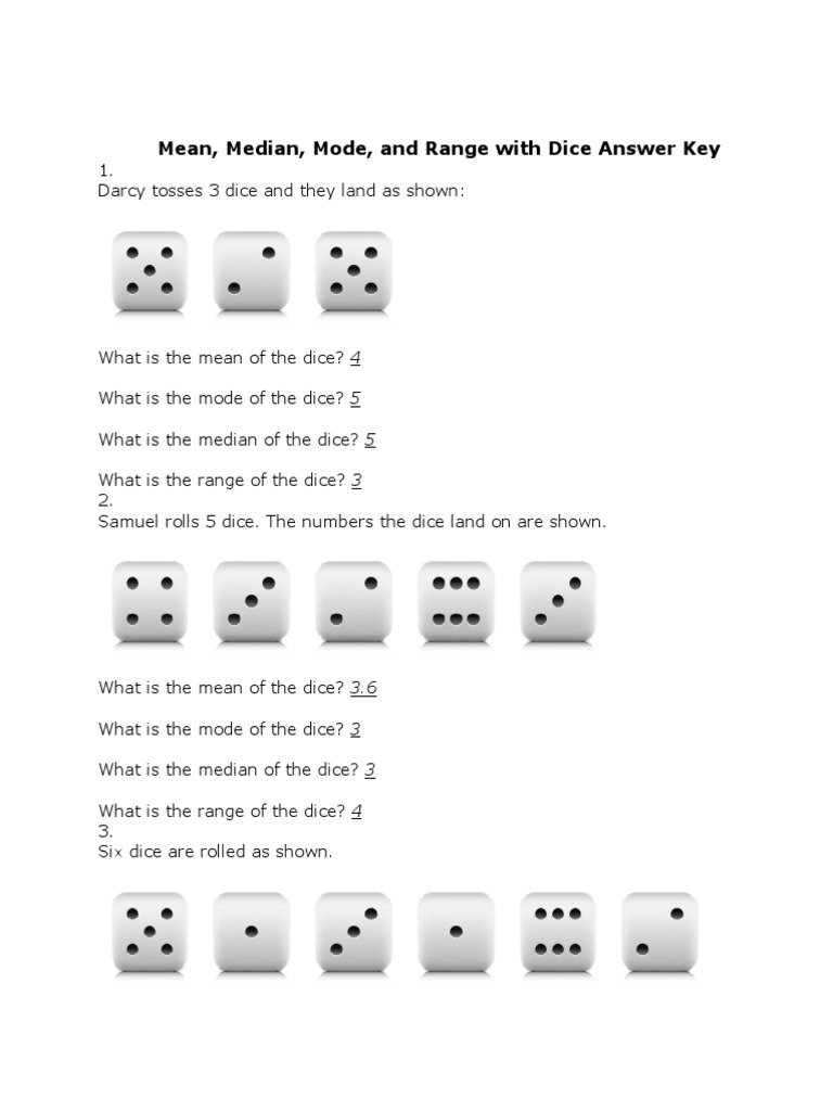 Mean, Median, Mode, and Range With Dice Answer Key | Download Free PDF ...