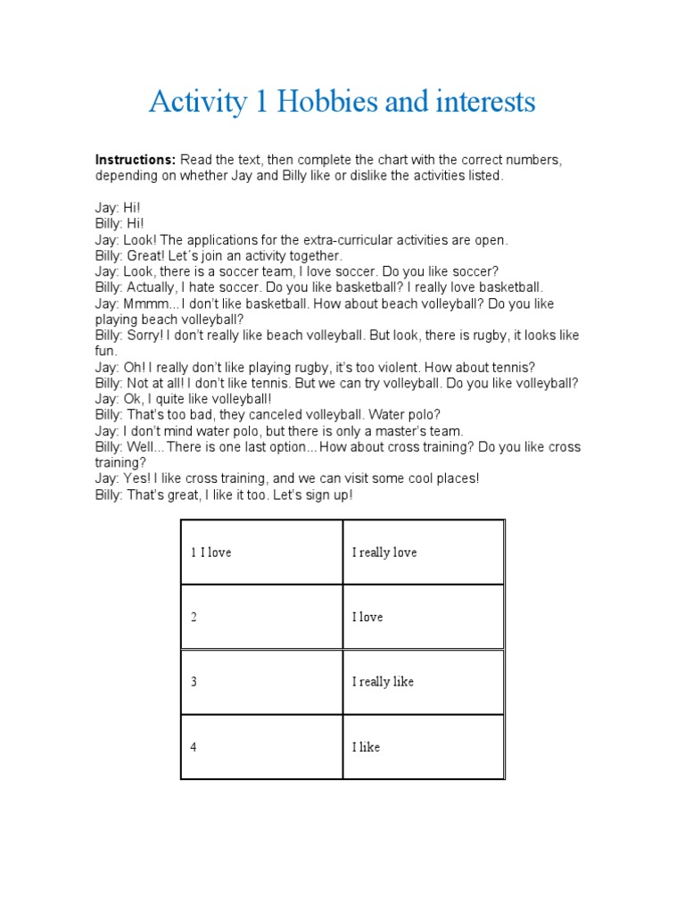 03 Activity 1 Hobbies and Interests | PDF