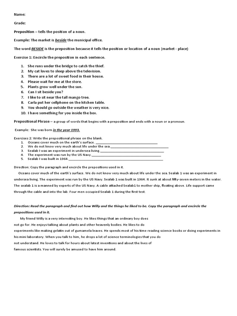 Preposition Worksheet | PDF | Preposition And Postposition | Noun