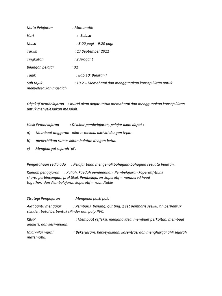 Contoh RPH Ting 2 BULATAN | PDF