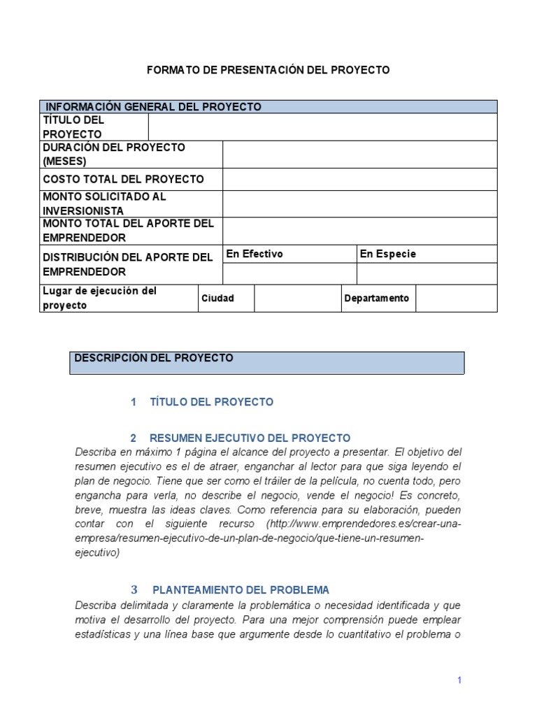Formato de Presentacion Del Proyecto | Descargar gratis PDF | Plan de ...