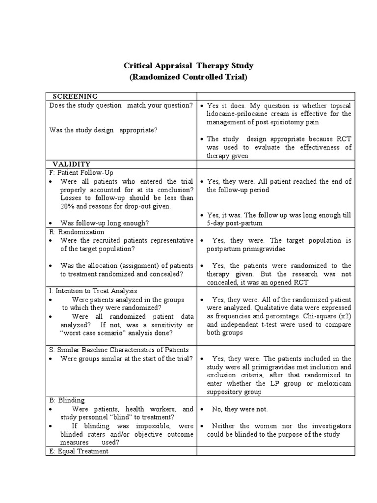 Critical Appraisal JR | PDF | Randomized Controlled Trial | Medicine