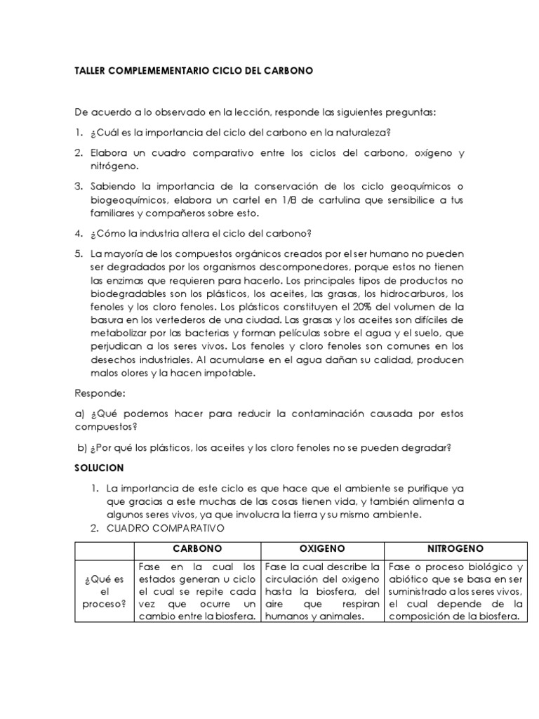 Taller - Grado11 - Ciclo Del Carbono PDF | PDF | El plastico | Organismos