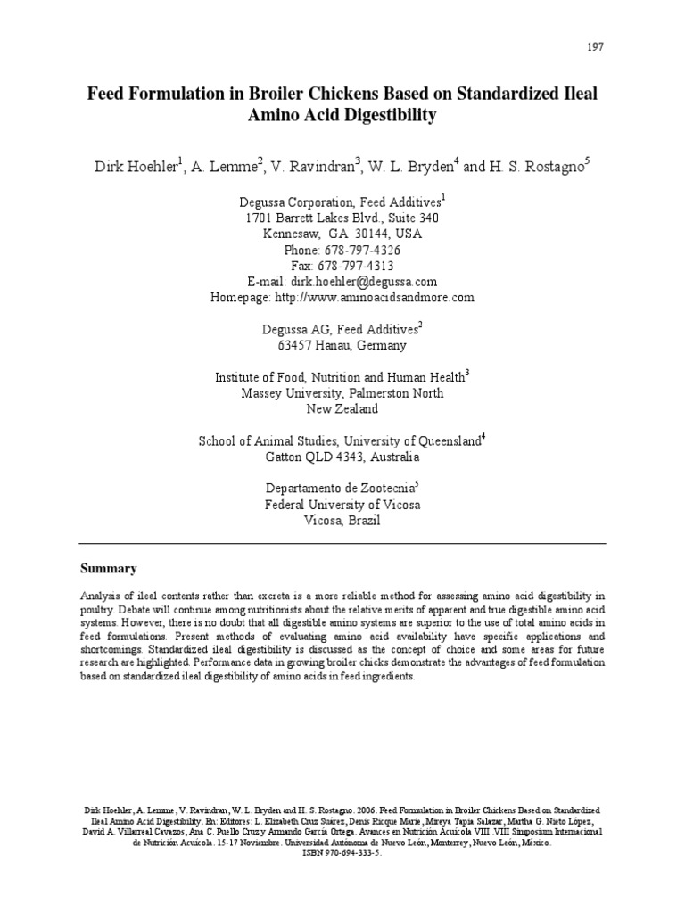 Feed Formulation in Broiler Chickens Based On Standardized Ileal Amino ...