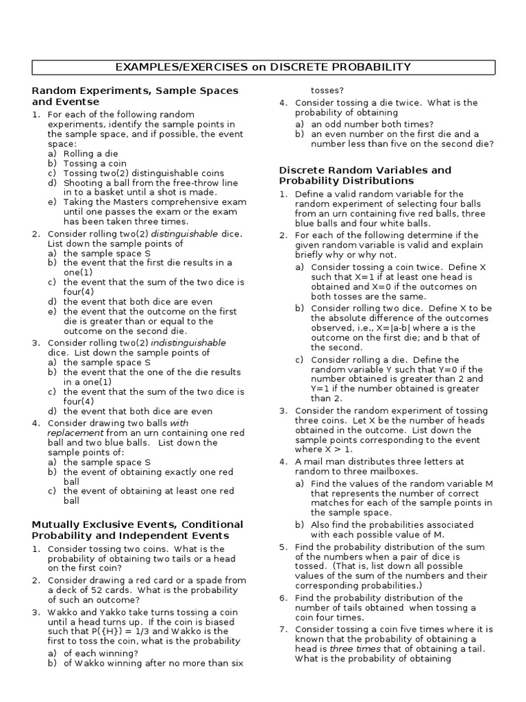 Examples/Exercises On Discrete Probability | PDF | Random Variable | Probability Distribution
