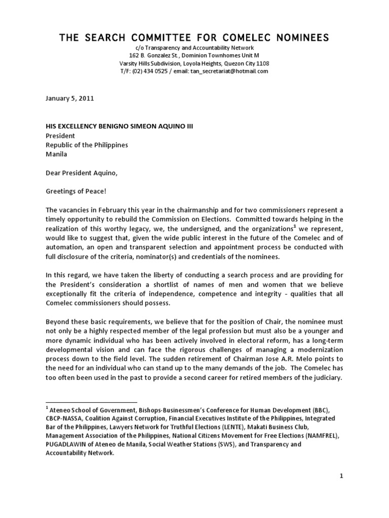 Letter To HE BSA3 Re Comelec Nominees (W CVS) - 1 | PDF | Association ...