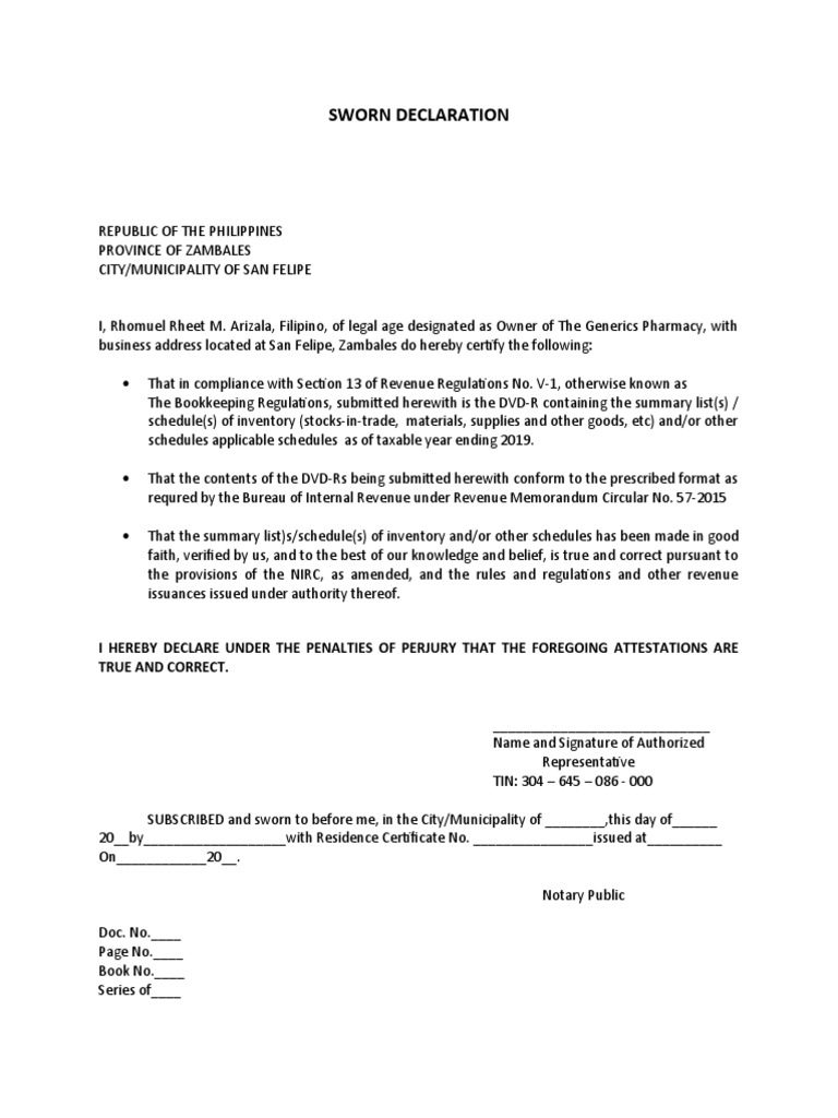 Sworn Declaration SF 2019 | PDF | Finance & Money Management