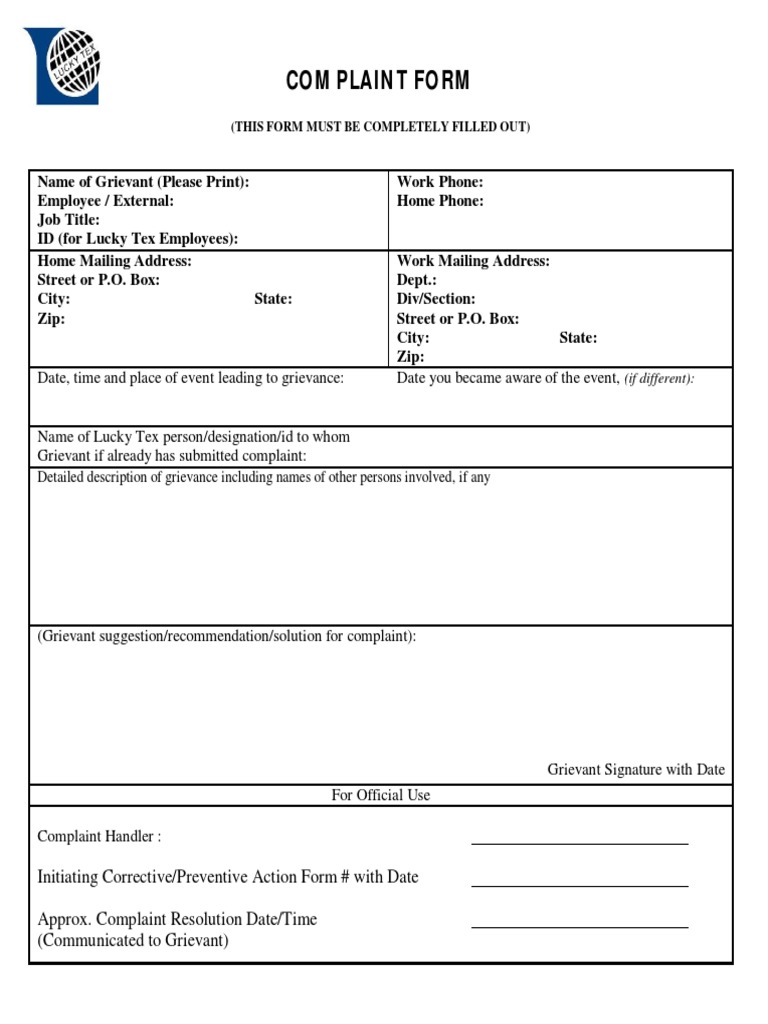 Complaint Form: Detailed Description of Grievance Including Names of ...