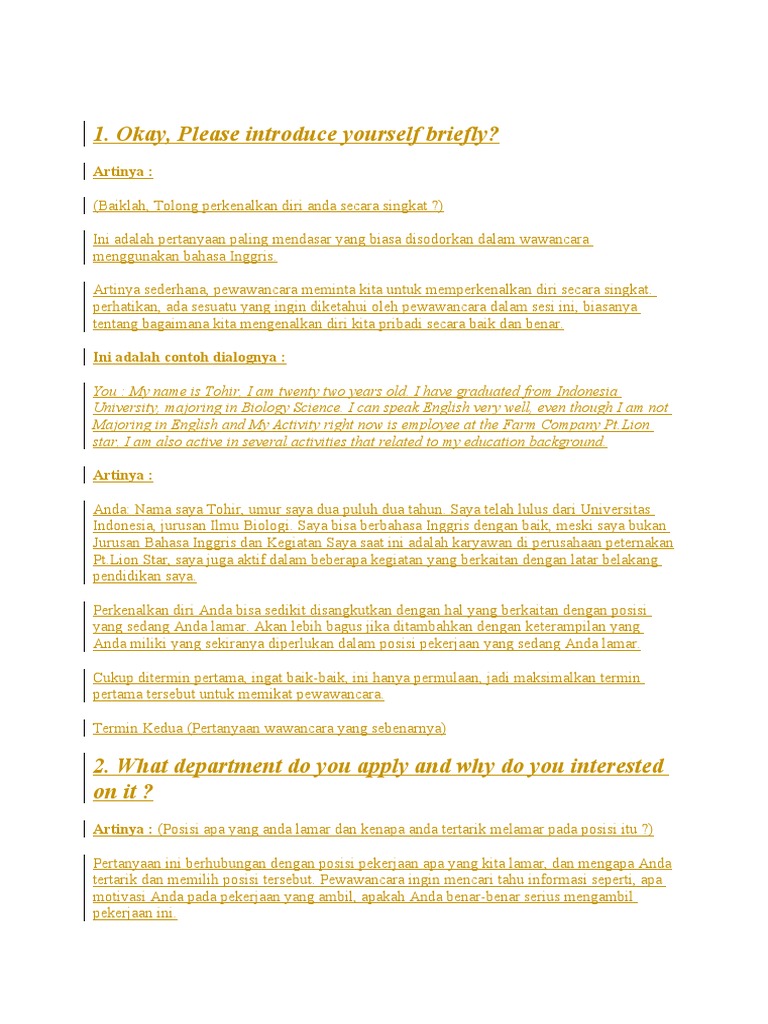 23 Contoh Interview Kerja Bahasa Inggris Dan Artinya | PDF