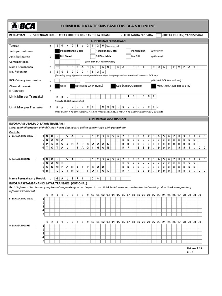 Formulir Teknis BCA VA - Merchant - Update | PDF