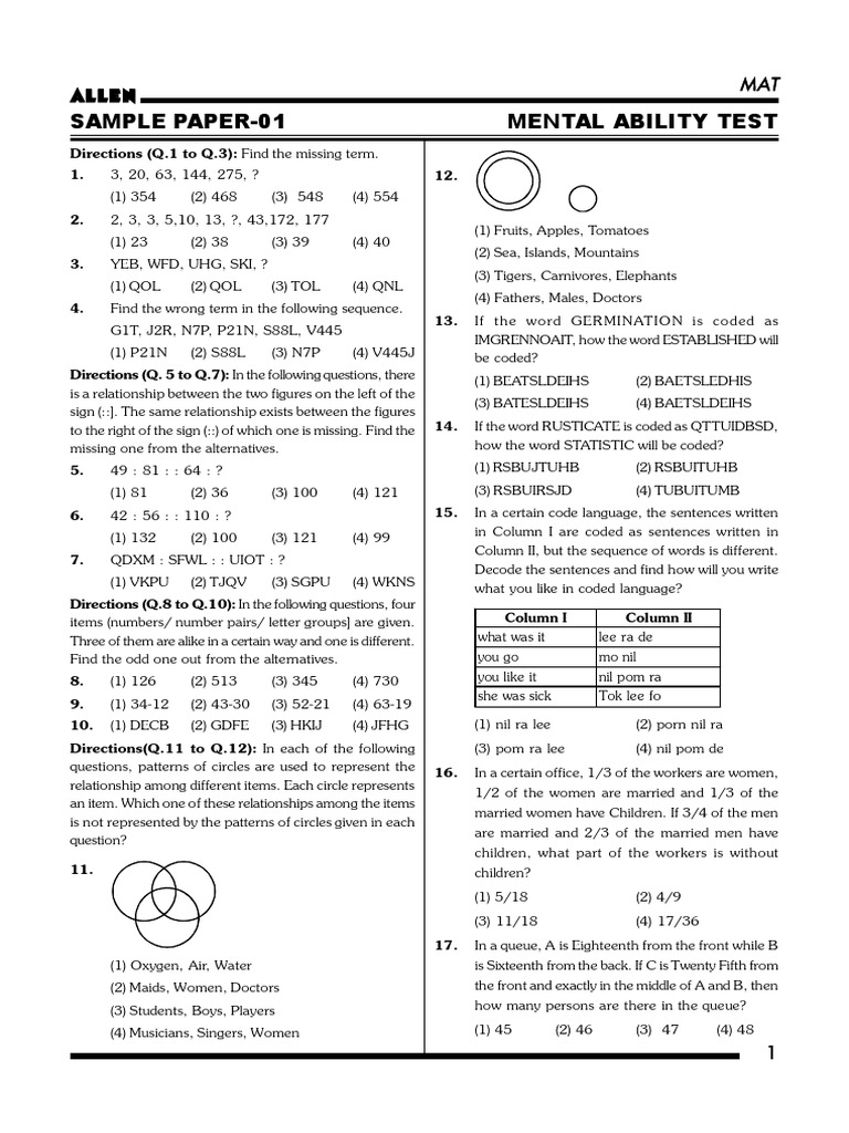 Sample Paper-01 Mental Ability Test: MAT Allen | PDF | Teaching ...