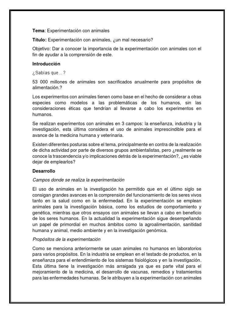 Ensayo Experimentacion Animal | PDF | Pruebas en animales | Homo Sapiens