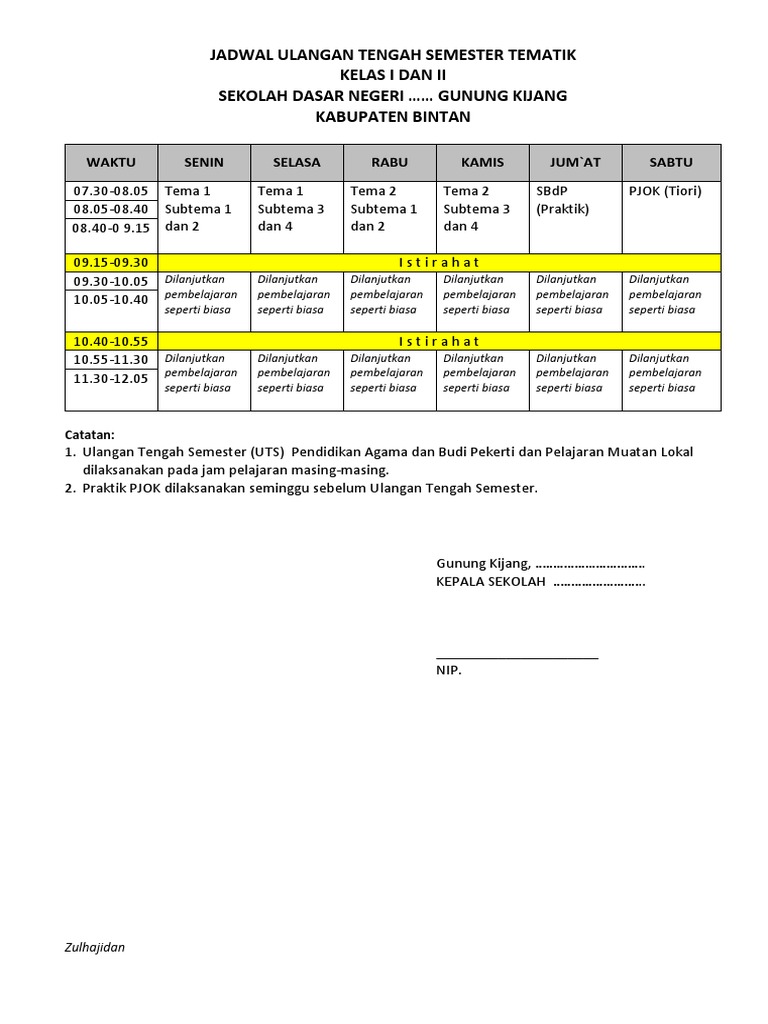 Contoh Jadwal Uts Tematik | PDF