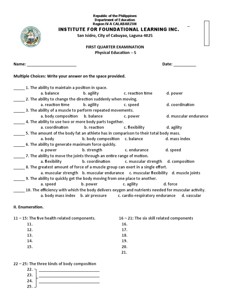 Physical Education - 5 Exam | PDF | Flexibility (Anatomy) | Muscle
