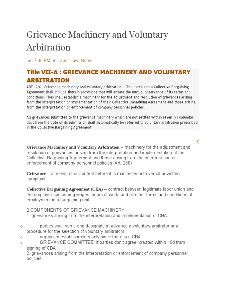Grievance Machinery and Voluntary Arbitration | PDF | Collective ...