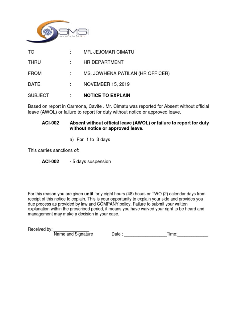 Notice to Explain Letter for Employee AWOL | PDF