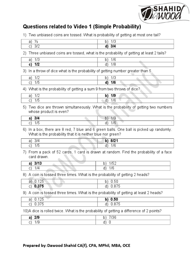 Probability Questions for Exam Prep | PDF | Odds | Probability