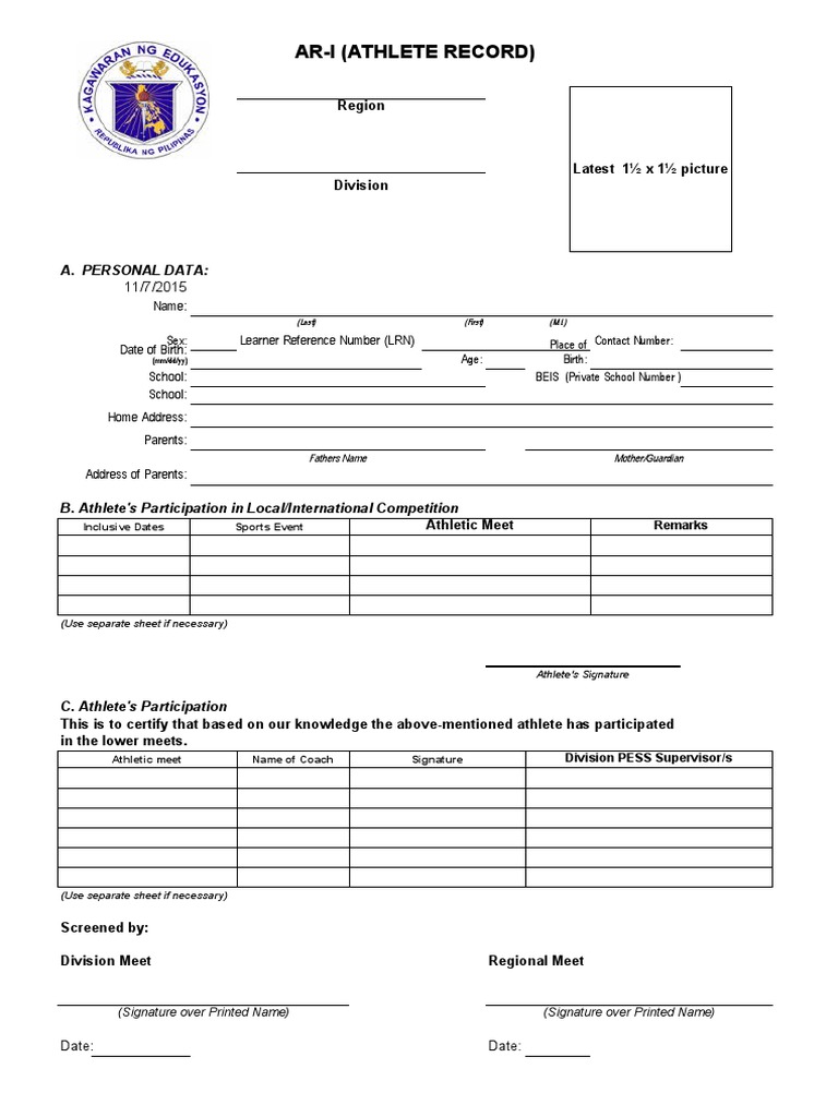 Ar-I (Athlete Record) : Region | PDF