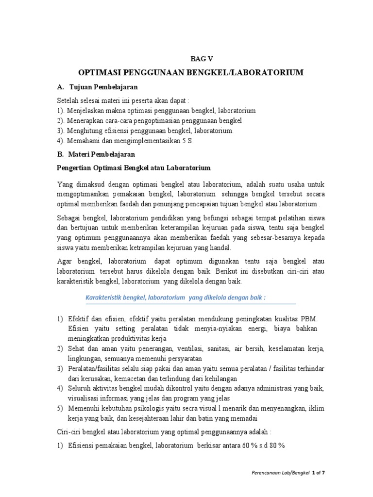 Optimasi Bengkel/Lab: Efisiensi & 5S | PDF