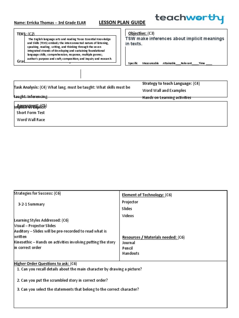 Lesson Plan Guide LPG Word 3 | PDF | Lesson Plan | Learning