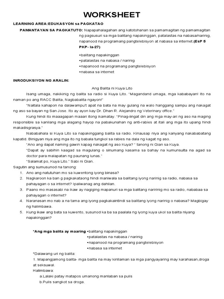 WORKSHEET Sa EsP | PDF