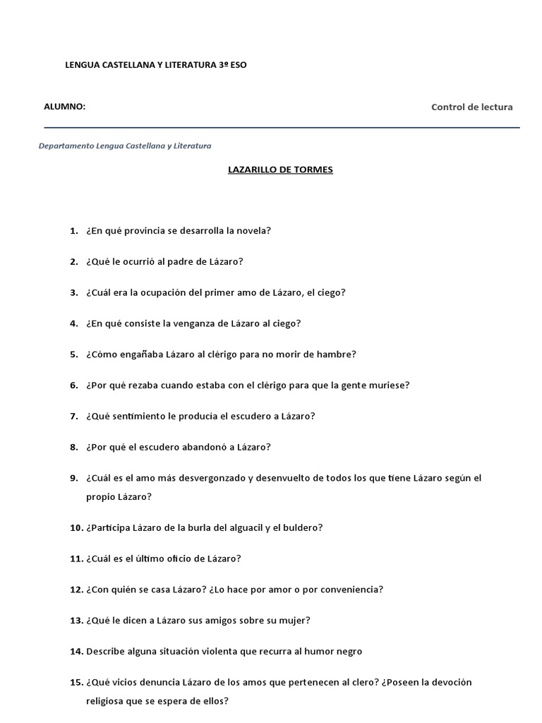 Examen LAZARILLO DE TORMES 3º Eso | PDF