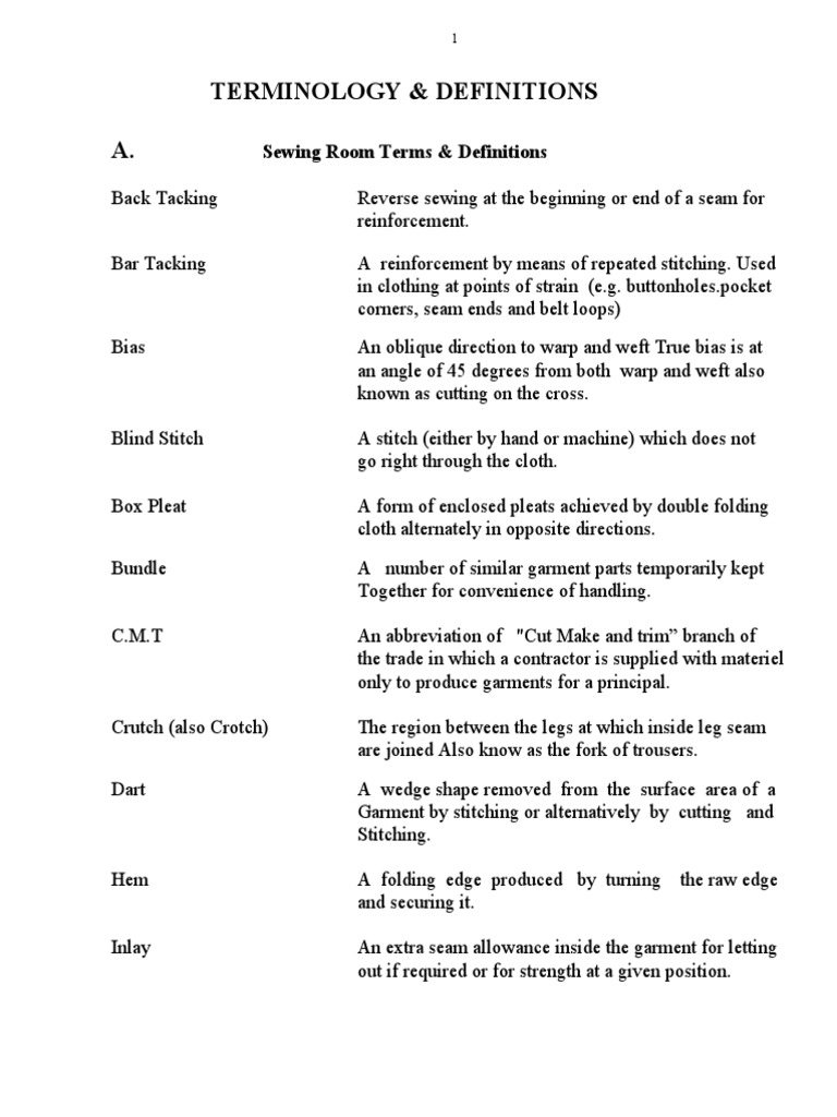 Terminology & Definitions A.: Sewing Room Terms & Definitions | PDF ...