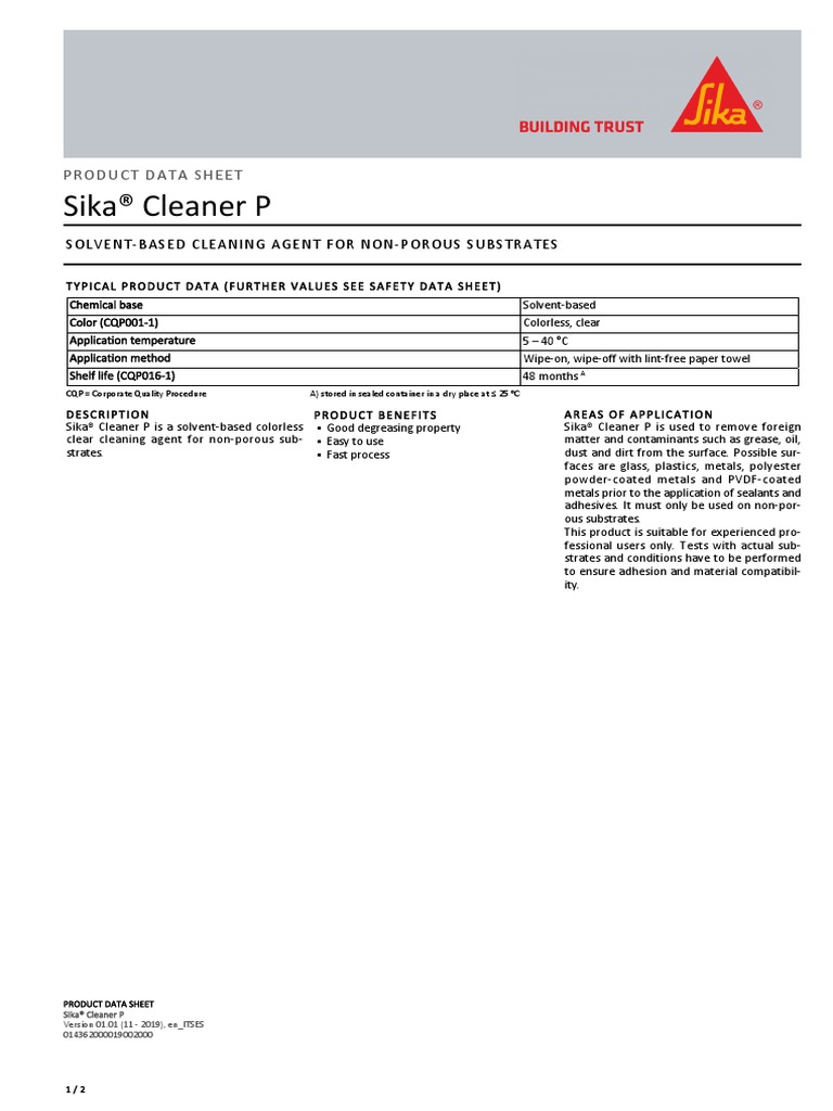 Sika® Cleaner P: Product Data Sheet | PDF | Paper | Information
