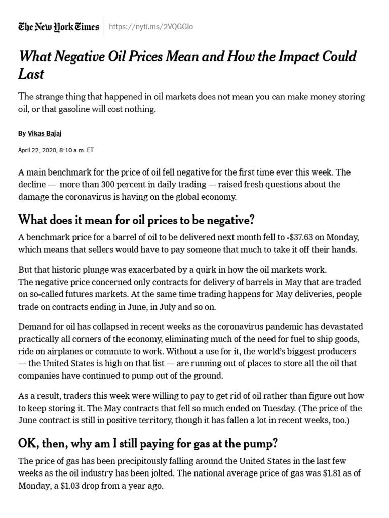 What Negative Oil Prices Mean and How The Impact Could Last - The New ...