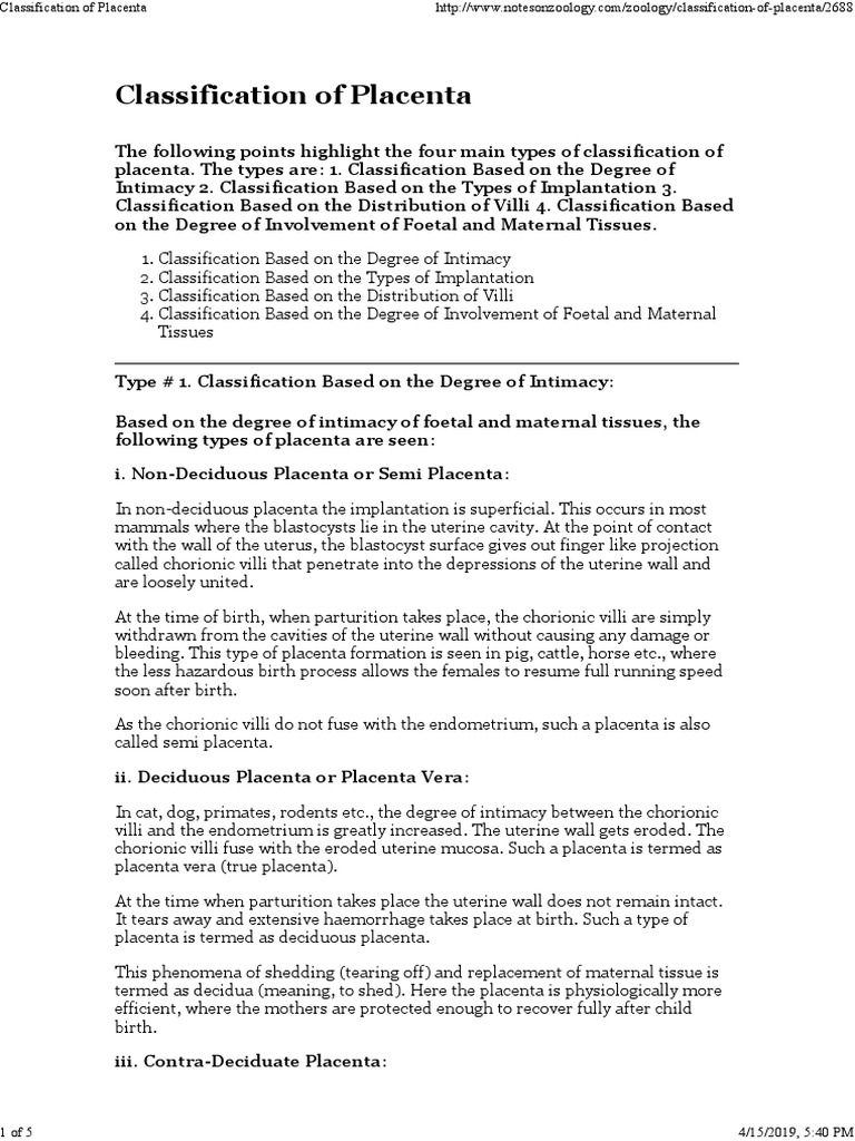 Types of Placenta Classification Guide | PDF | Implantation (Human ...