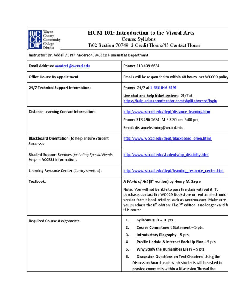 HUM 101: Introduction To The Visual Arts: Course Syllabus B02 Section ...