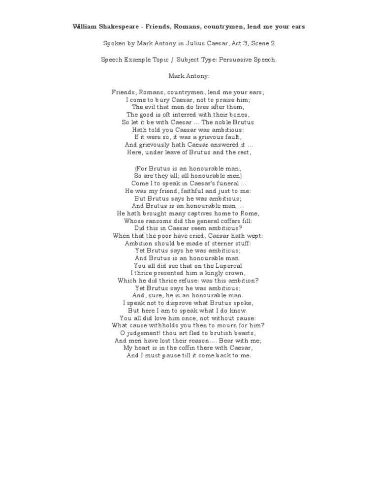 William Shakespeare - Friends, Romans, Countrymen, Lend Me Your Ears | PDF